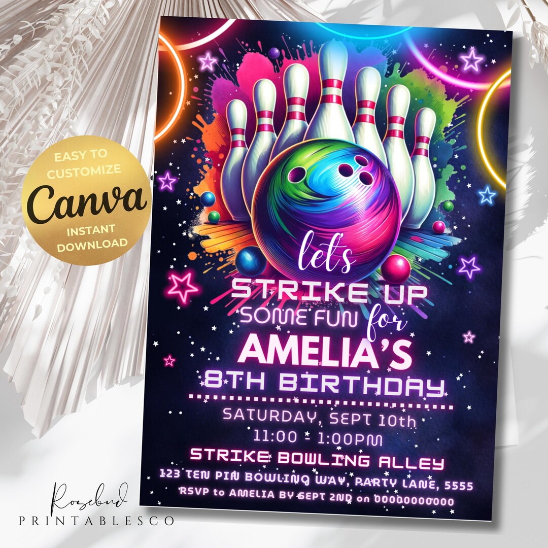 Bowling Birthday Invitation Editable Template | Pink Girl Bowling Party ...