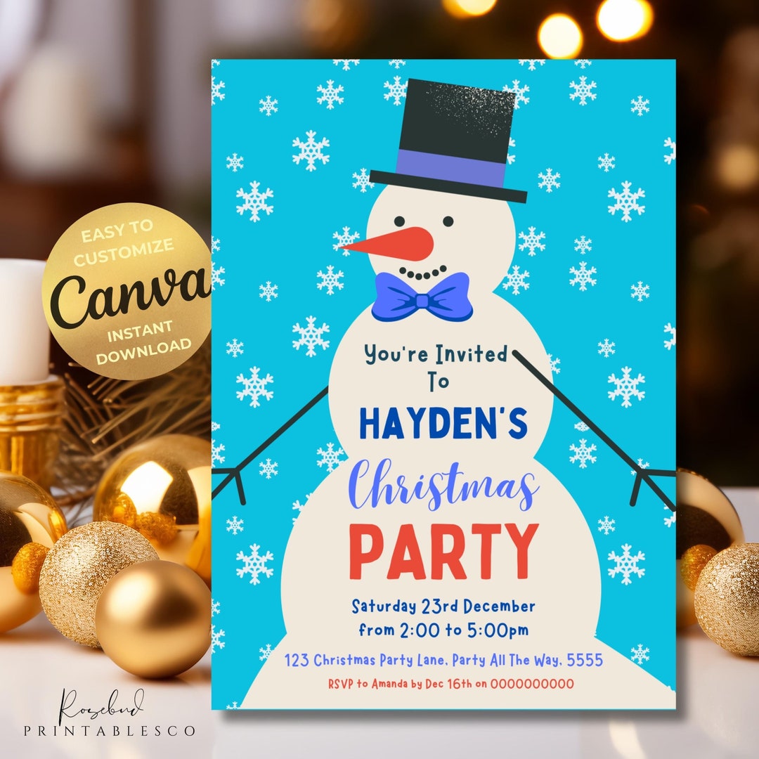 Snowman Christmas Party Invitation, Xmas Birthday Invite, Winter ...