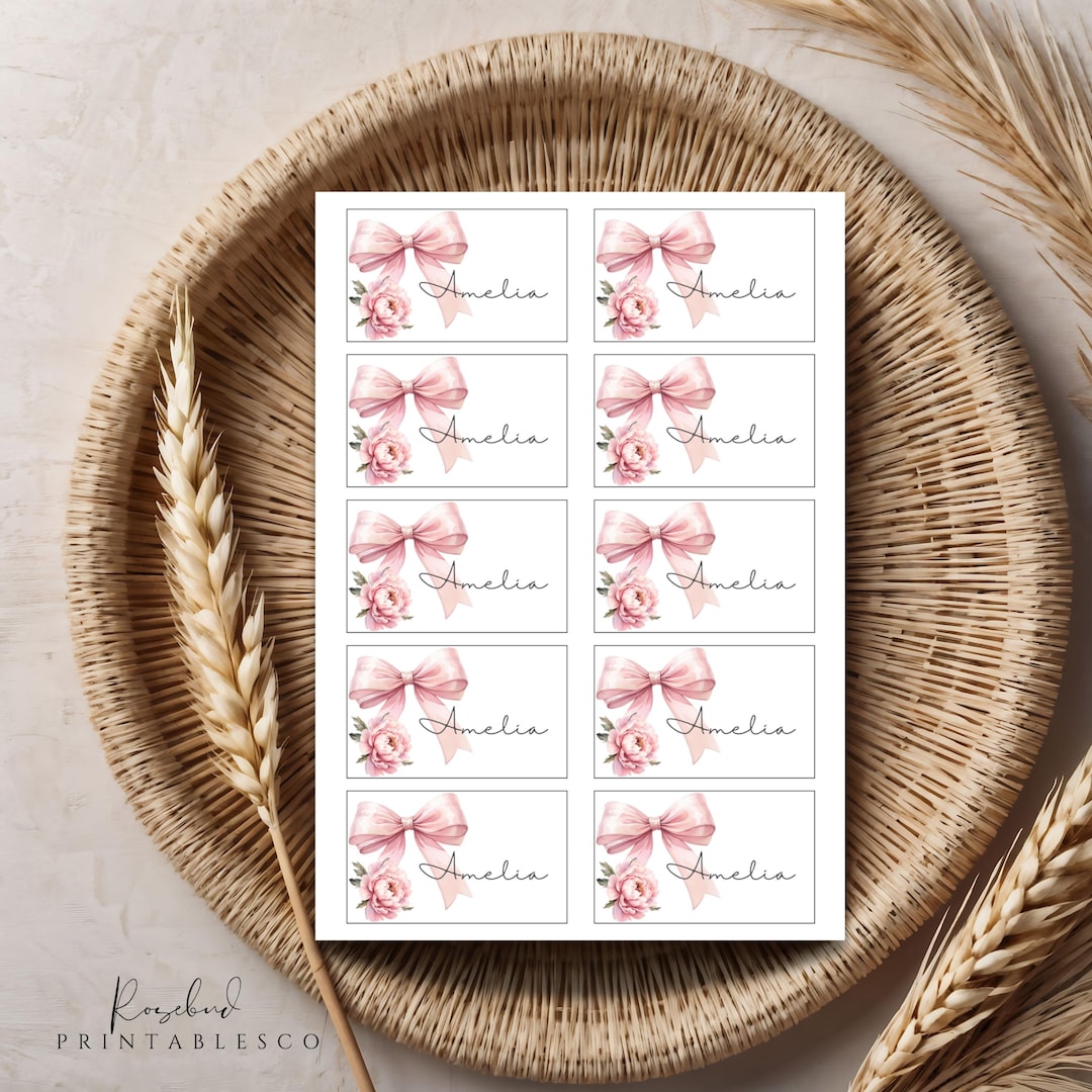 Pink Bow Place Card Template Printable, Flat Place Cards, Baby Shower ...