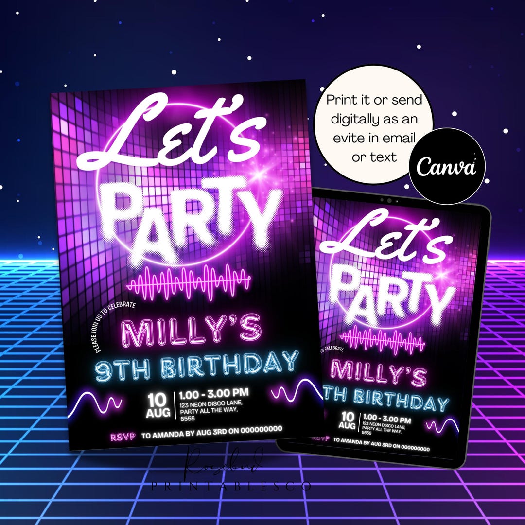 Disco Party Invite Lets Party Invitation Dance Invite Neon Disco ...
