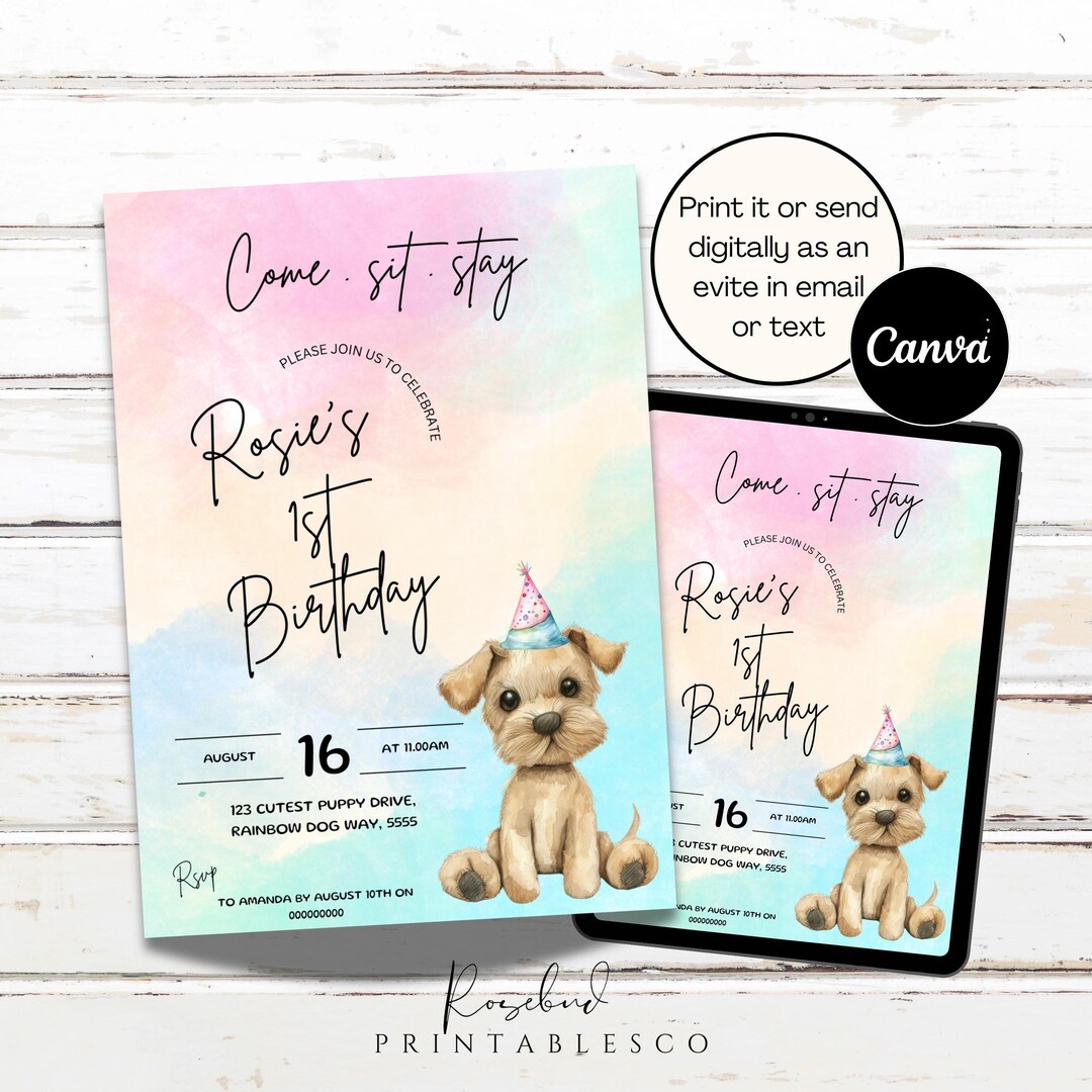 Dog Party Invitation Puppy Invite 1st Birthday Come Sit Stay Invite Let ...