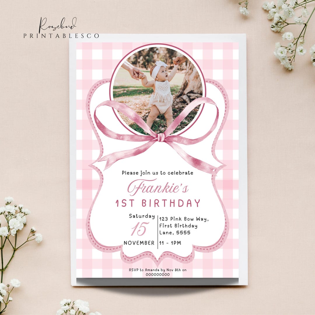 1st Birthday Photo Invitation Pink Bow First Birthday Invite Girl First ...