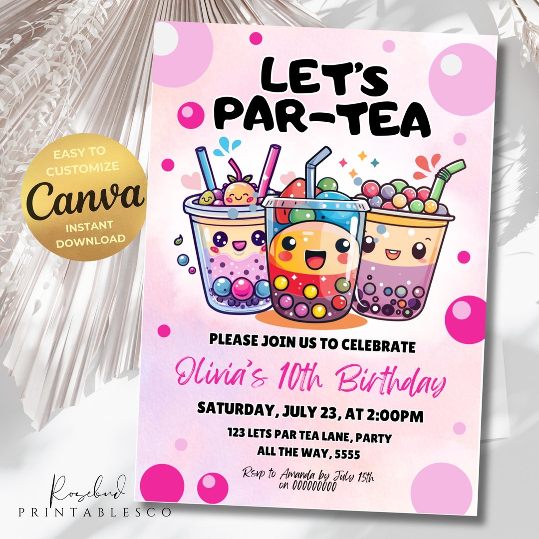 Boba Tea Birthday Party Invitation, Bubble Tea Party, Pink Boba Party ...