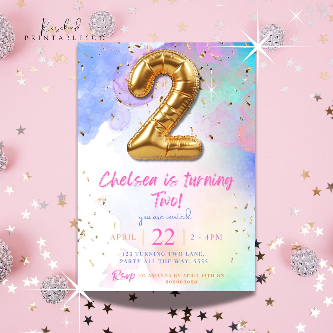 2nd Birthday Party Invite Helium Balloon Invite Rainbow Glitter Gold ...
