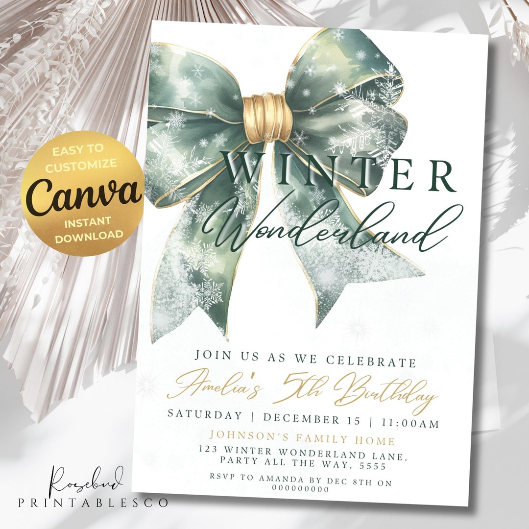 Editable Winter Party Invitation, Coquette Green Bow Invite, Winter ...