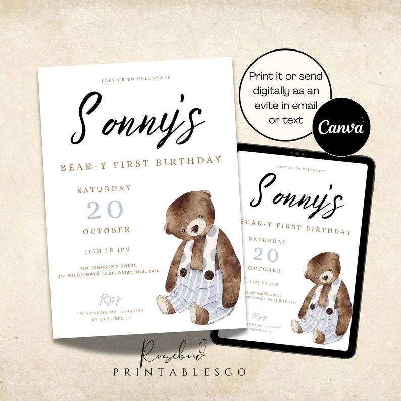 Teddy Bear Birthday Invitation Beary First Birthday Party Invite Boy ...