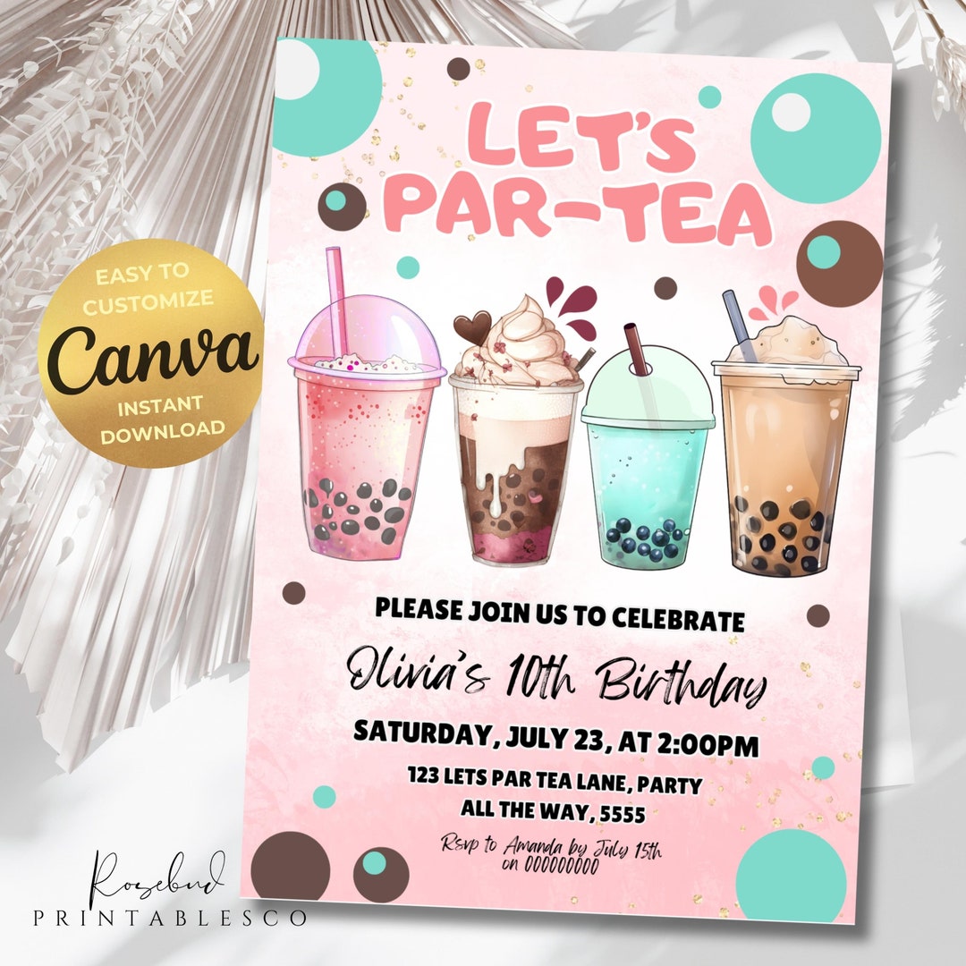 Bubble Tea Birthday Invite, Girl Boba Tea Party Invitation, Milk Tea ...
