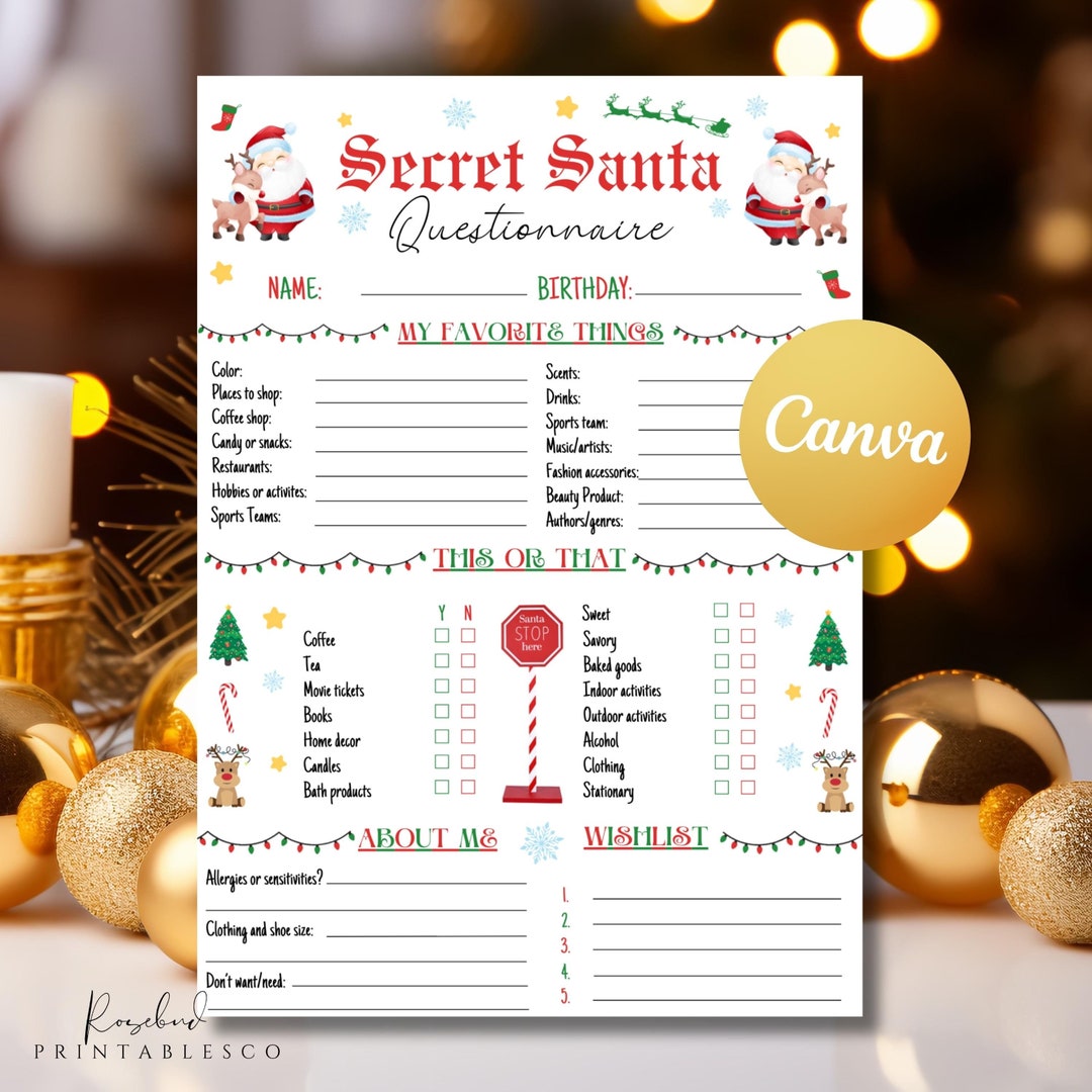 Secret Santa Questionnaire Template Christmas Gift Exchange Favorites ...