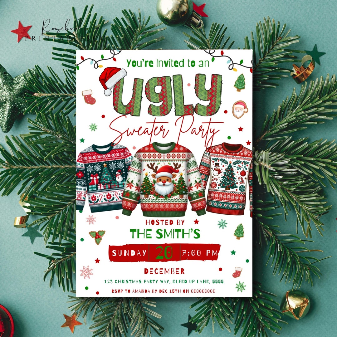 Editable Ugly Sweater Party Invitation Christmas Rustic Ugly Sweater ...