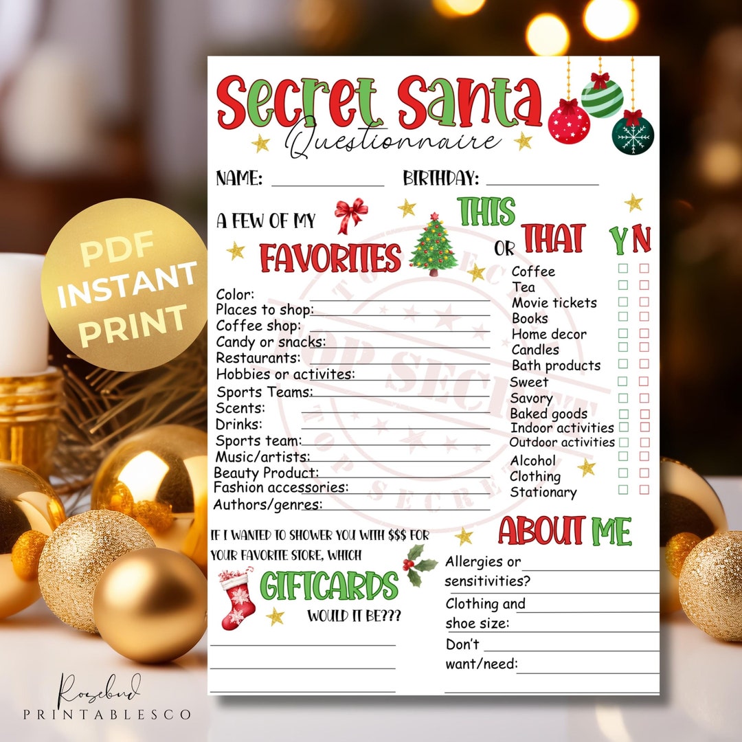 Festive Christmas Secret Santa Questionnaire Printable Christmas Gift ...