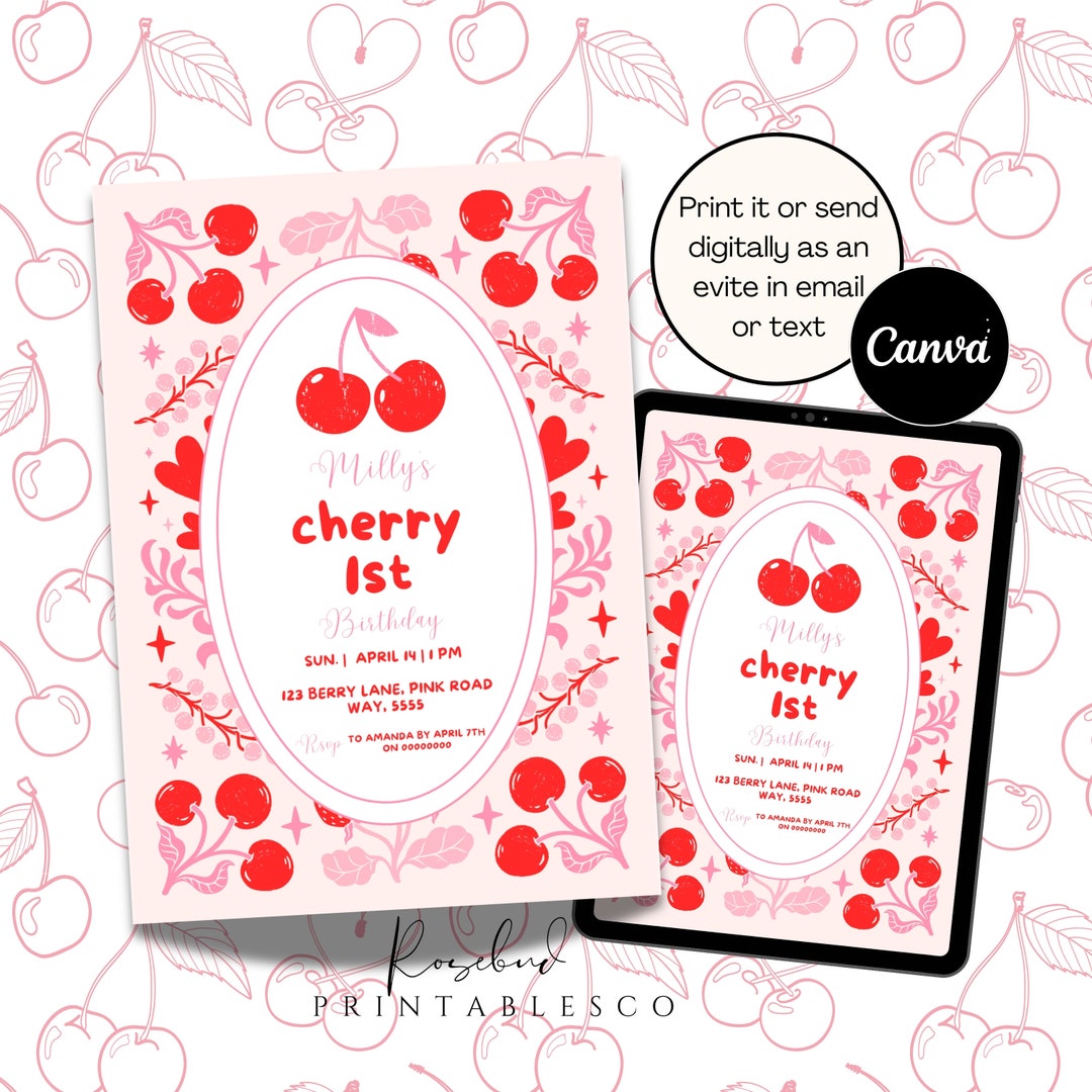 Cherry First Birthday Invitation Berry First Birthday Invitation Red ...
