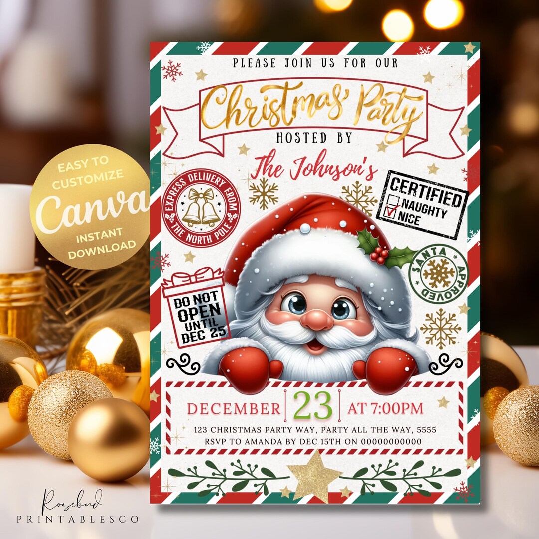 Christmas Party Invitation, Santa Claus Holiday Invite, Fun Kids ...