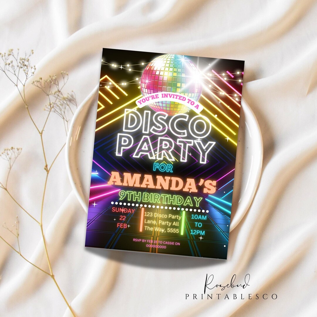 Editable Disco Party Birthday Invitation, Neon Disco Gender Neutral ...