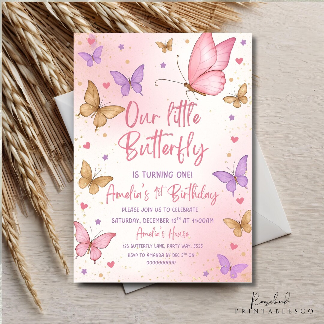 Butterfly Birthday Invitation, Pink Butterfly Party Invite, Whimsical ...