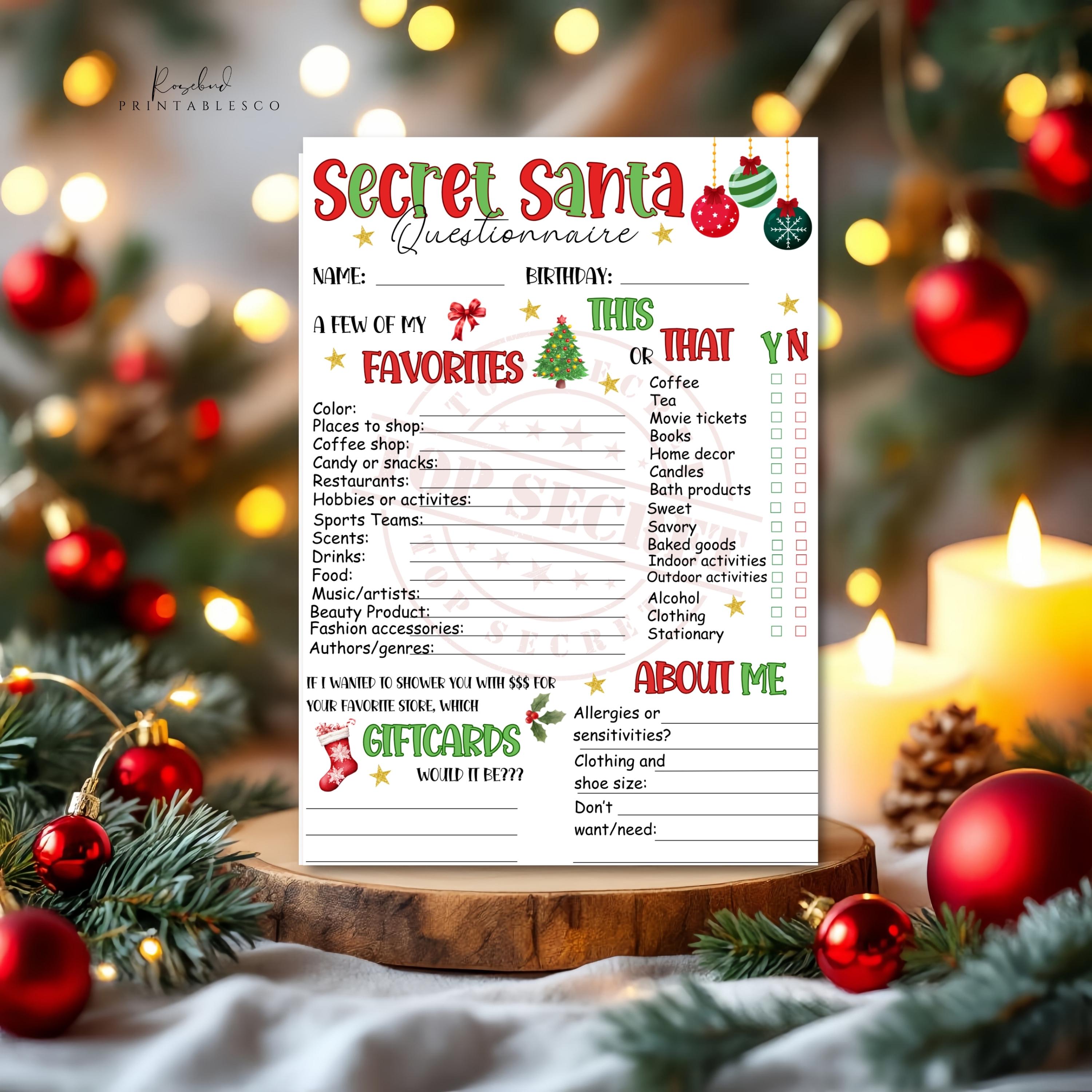 Festive Christmas Secret Santa Questionnaire Printable Christmas Gift ...