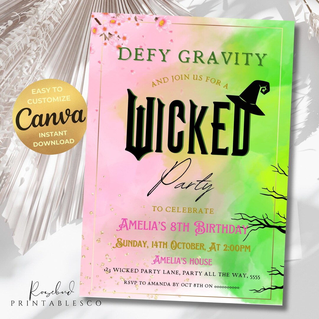 Wicked Party Invitation for Girls Party Theme Editable Invite Pink and ...