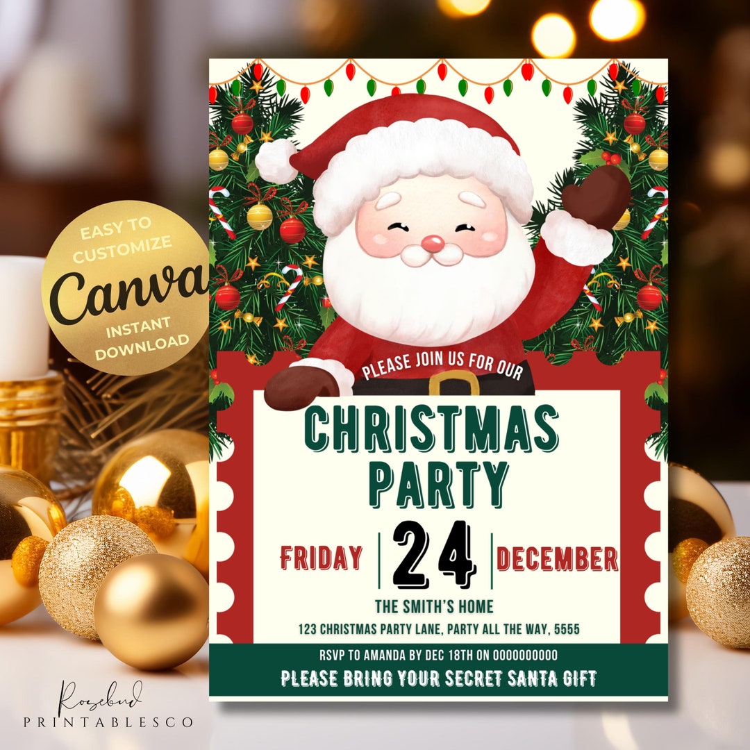 Editable Secret Santa Christmas Invitation Christmas Party Invitation Christmas Dinner Santa ...