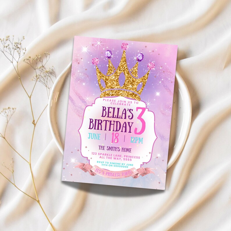 Princess Birthday Invitation Princess Crown Invite Sparkle Gold Crown ...