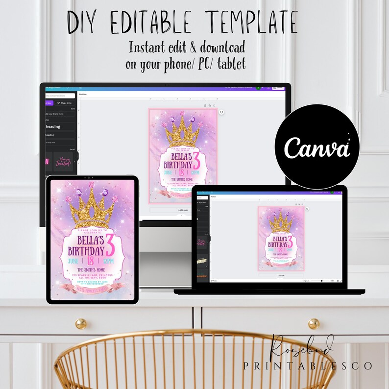 Princess Birthday Invitation Princess Crown Invite Sparkle Gold Crown ...