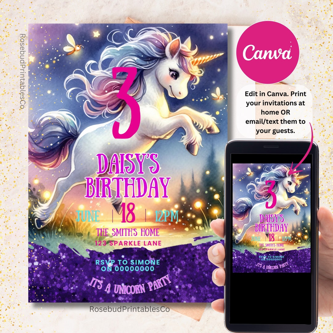 Butterfly Firefly Unicorn Birthday Invitation Sparkles Glitter Purple ...