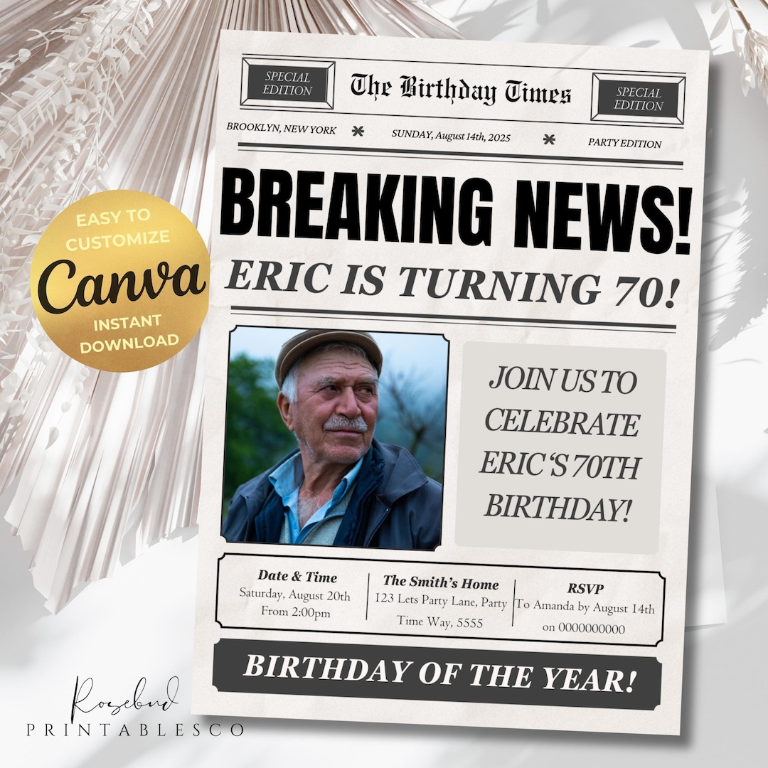 Birthday Newspaper Invitation With Photo Editable Template, Vintage ...