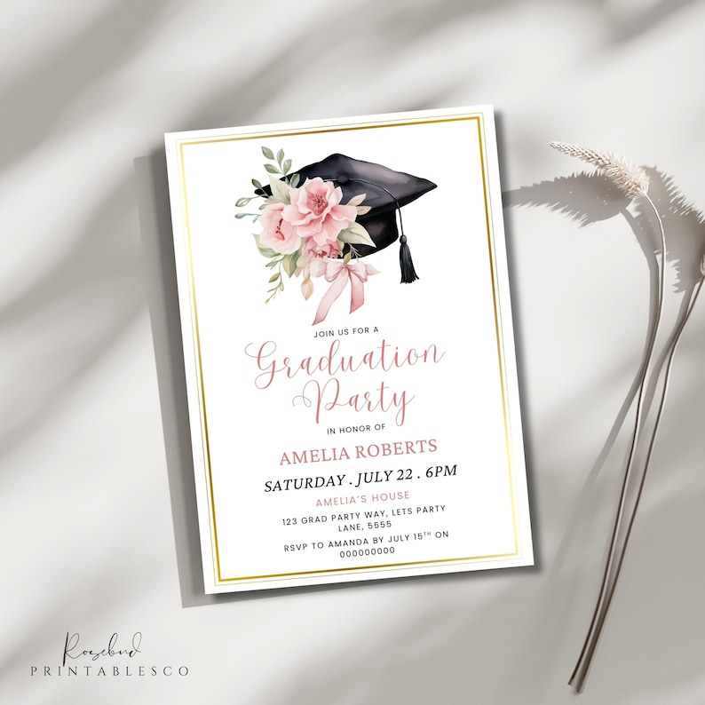 Floral College Graduation Invitation, Pink Flowers Grad Party Invite ...