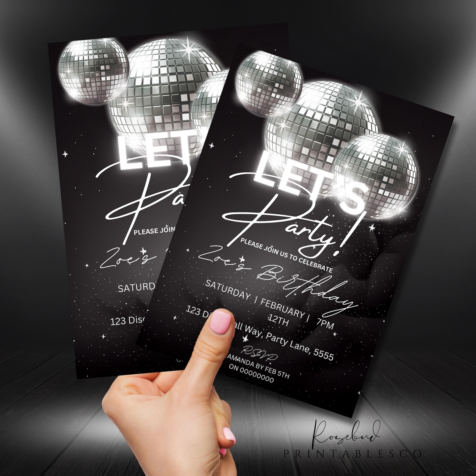 Lets Party Disco Balls Invitation Neon Silver Black and Sparkles Invite ...