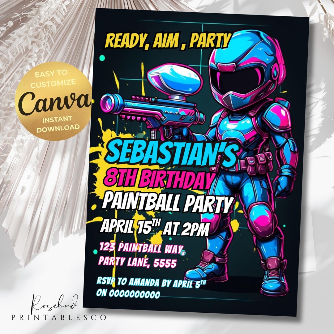 Editable Paintball Invitation, Boys Paintball Birthday Invite, Neon ...