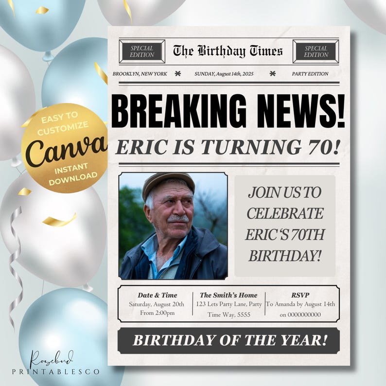 Birthday Newspaper Invitation With Photo Editable Template, Vintage ...