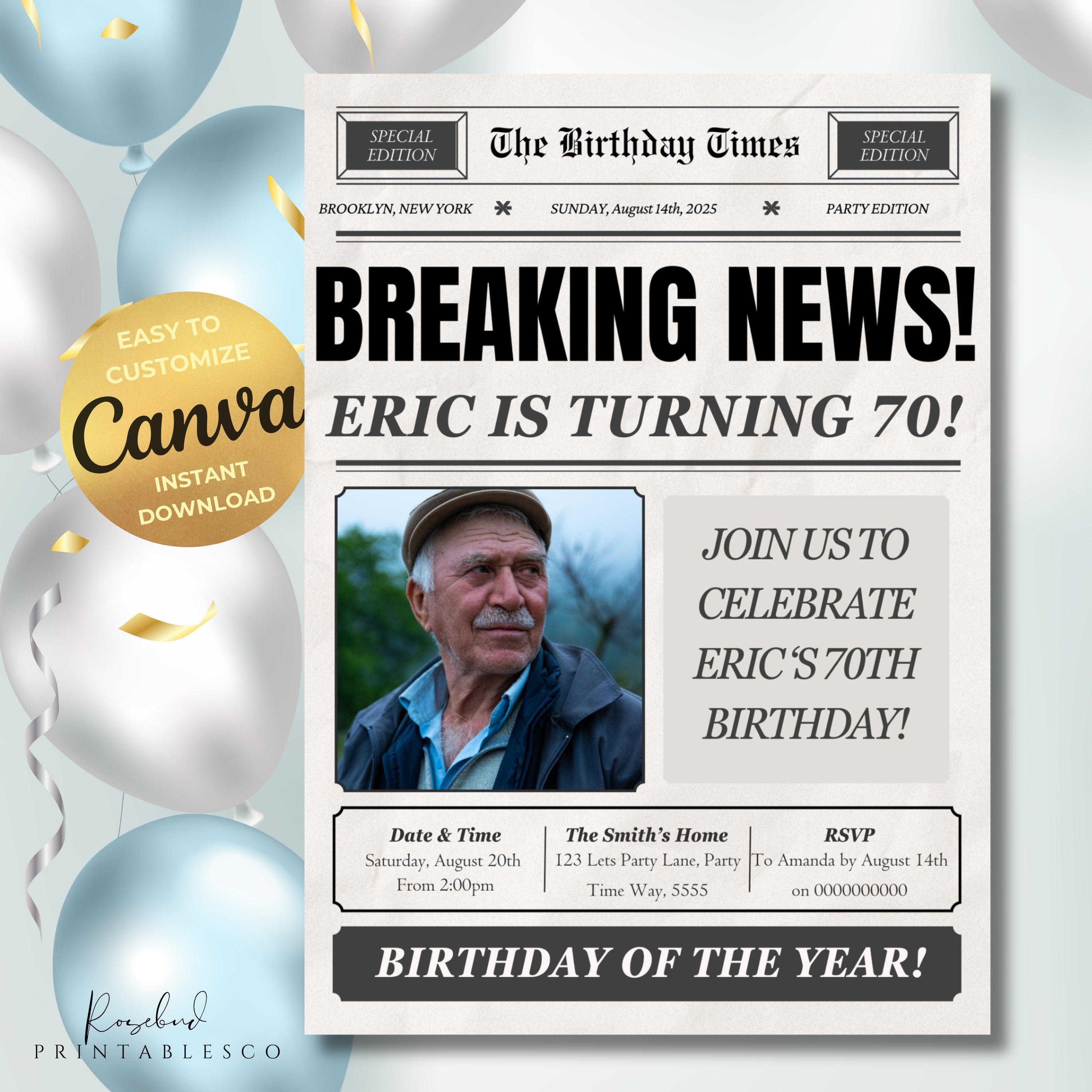 Birthday Newspaper Invitation With Photo Editable Template, Vintage ...