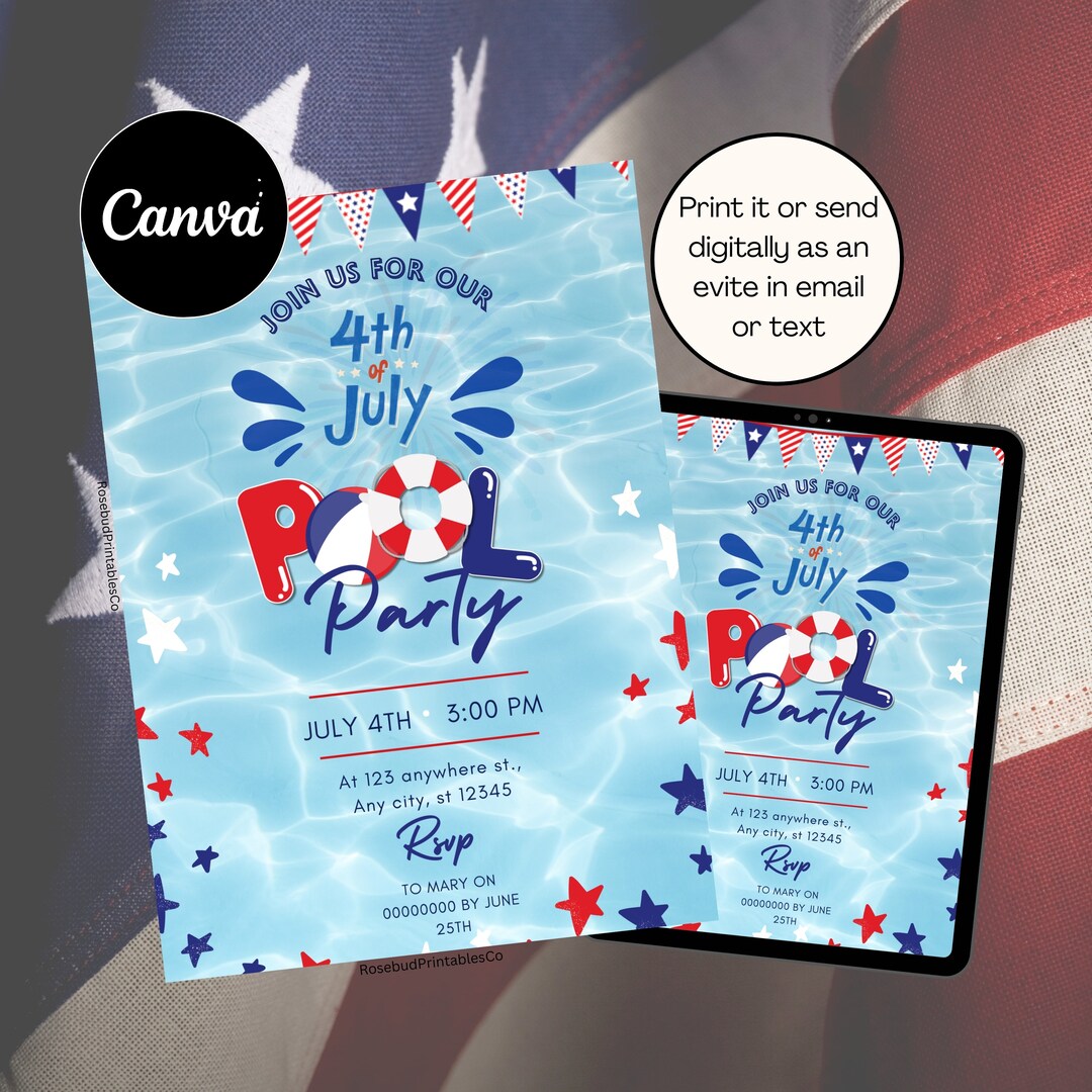 4th of July Pool Party Invitation Editable Template Fourth of July ...