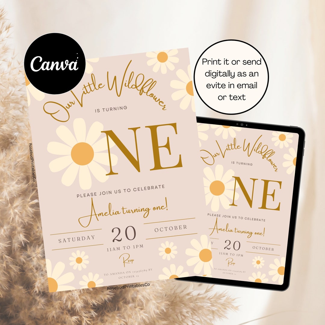 Daisy 1st Birthday Party Invitation Template Wildflower Invitation Boho ...