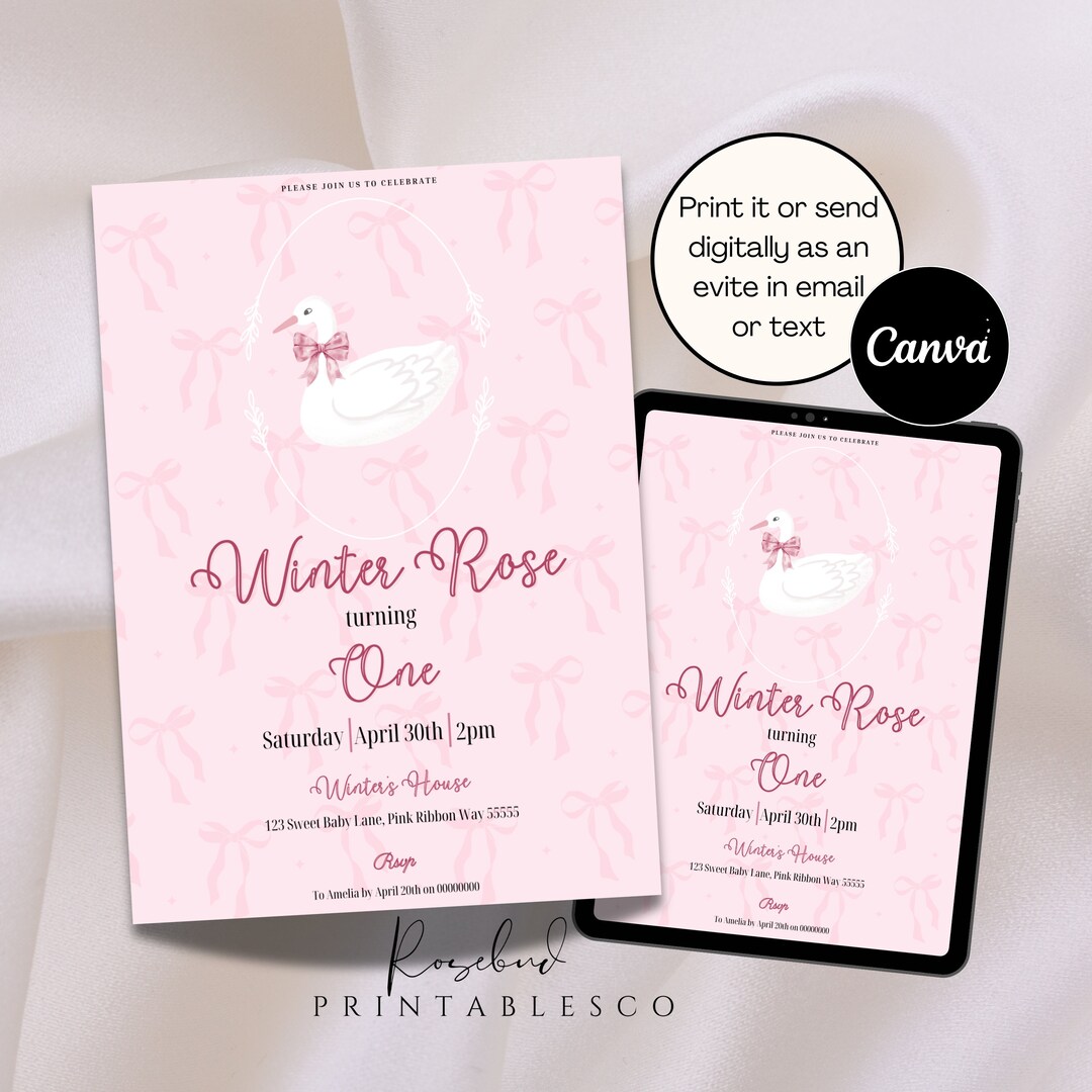 White Swan Invitation 1st Birthday Pink Watercolor Ribbon Blush Pink ...