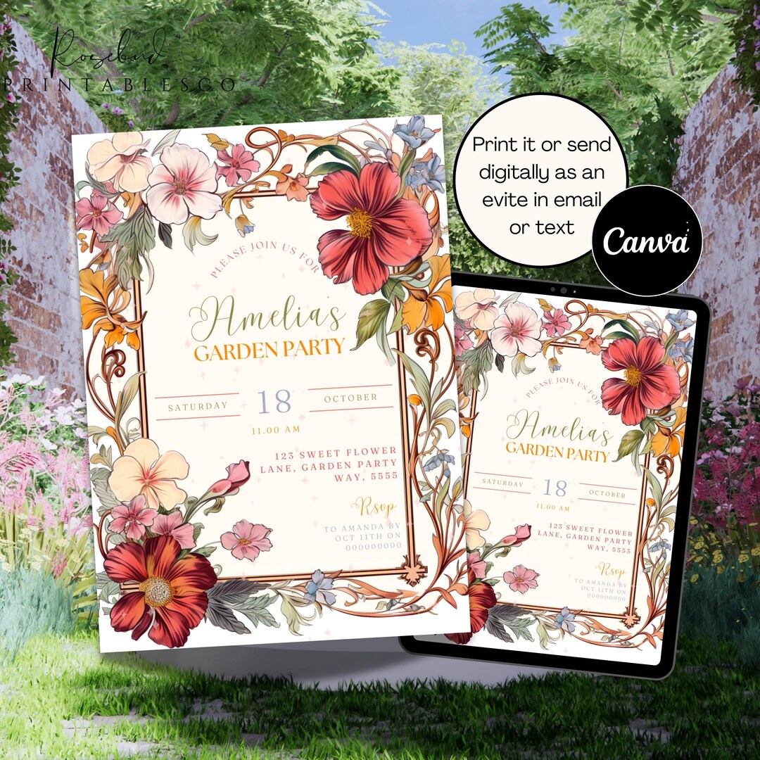 Garden Party Invitation Folk Wildflowers Wild Floral Watercolor Floral ...
