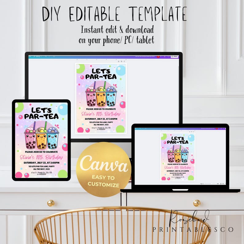 Bubble Tea Birthday Invitation, Rainbow Boba Tea Birthday Party Girl ...