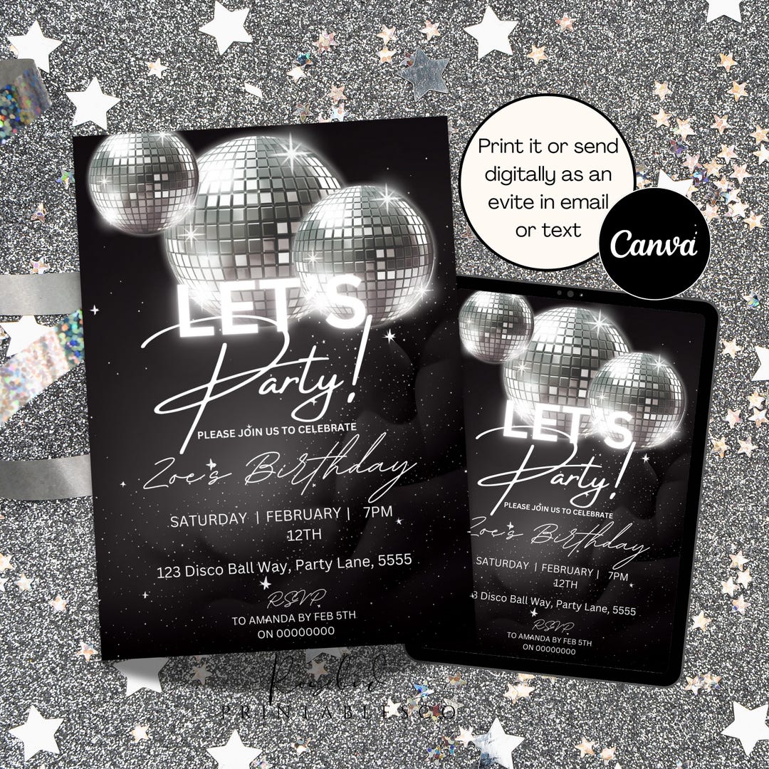 Lets Party Disco Balls Invitation Neon Silver Black and Sparkles Invite ...