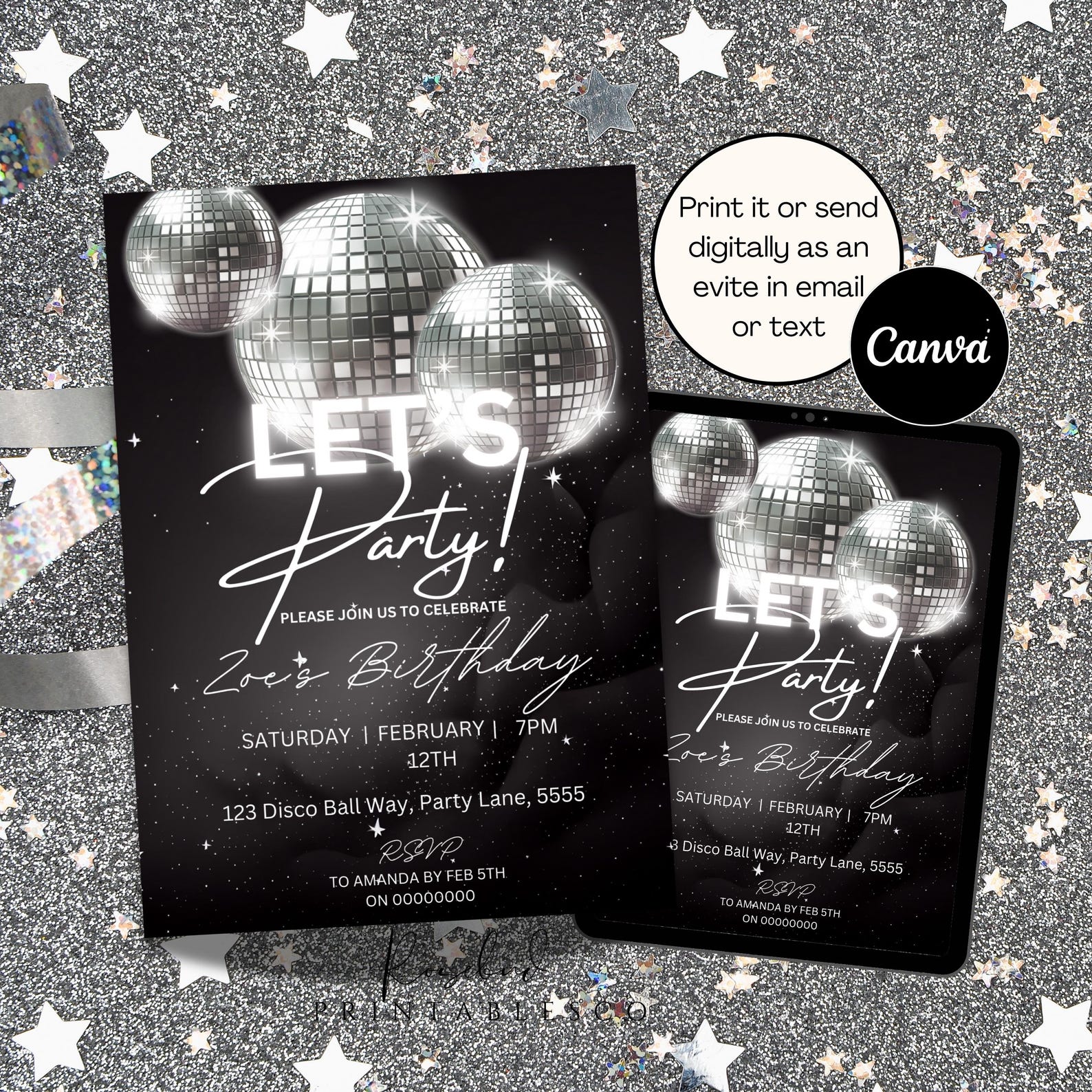 Lets Party Disco Balls Invitation Neon Silver Black and Sparkles Invite ...