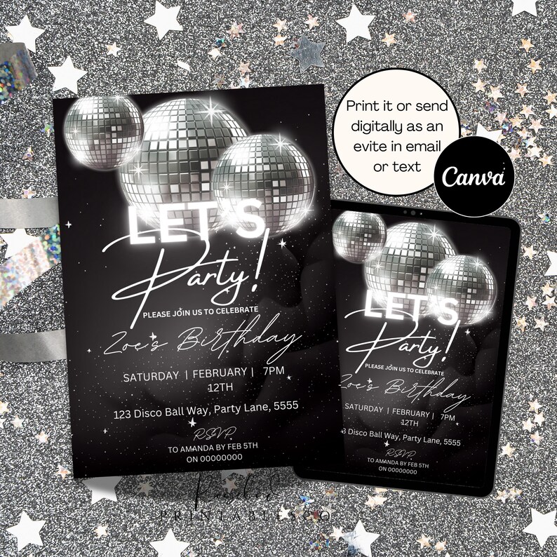 Lets Party Disco Balls Invitation Neon Silver Black and Sparkles Invite ...