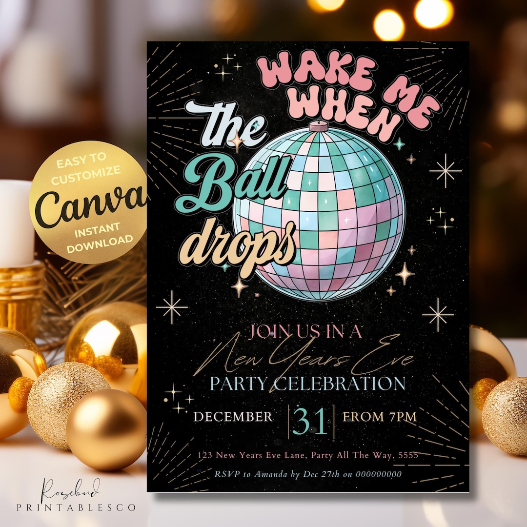 Ball Drop New Years Invite Disco Ball New York Ball Drop Party Colorful ...