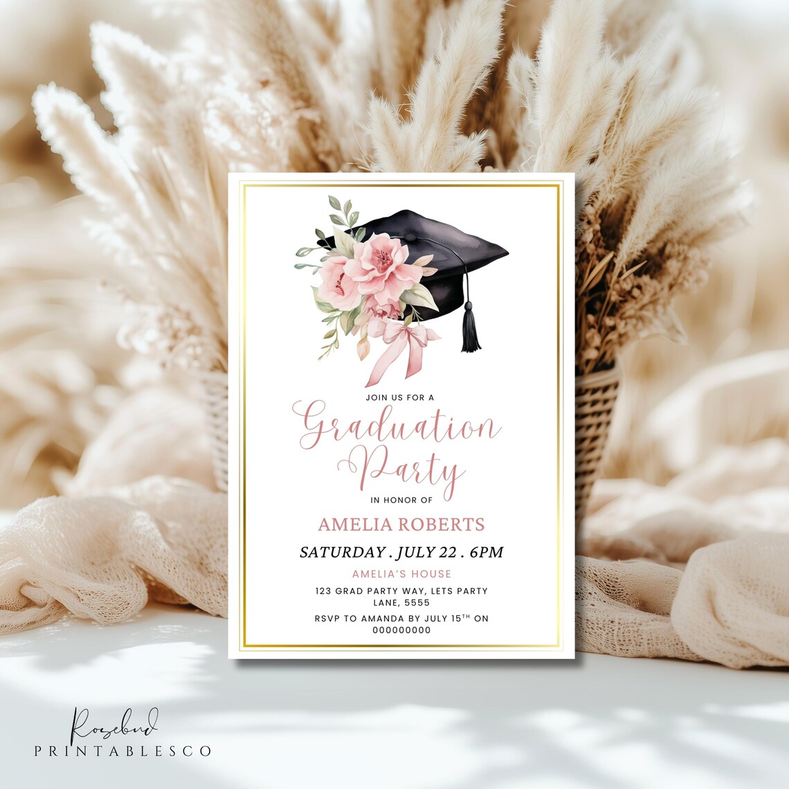 Floral College Graduation Invitation, Pink Flowers Grad Party Invite ...