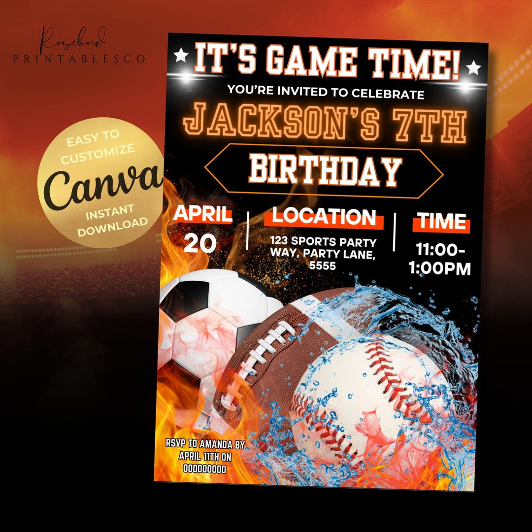 Sports Birthday Invitation, Sport Invite, Soccer Invite, Sport Theme ...