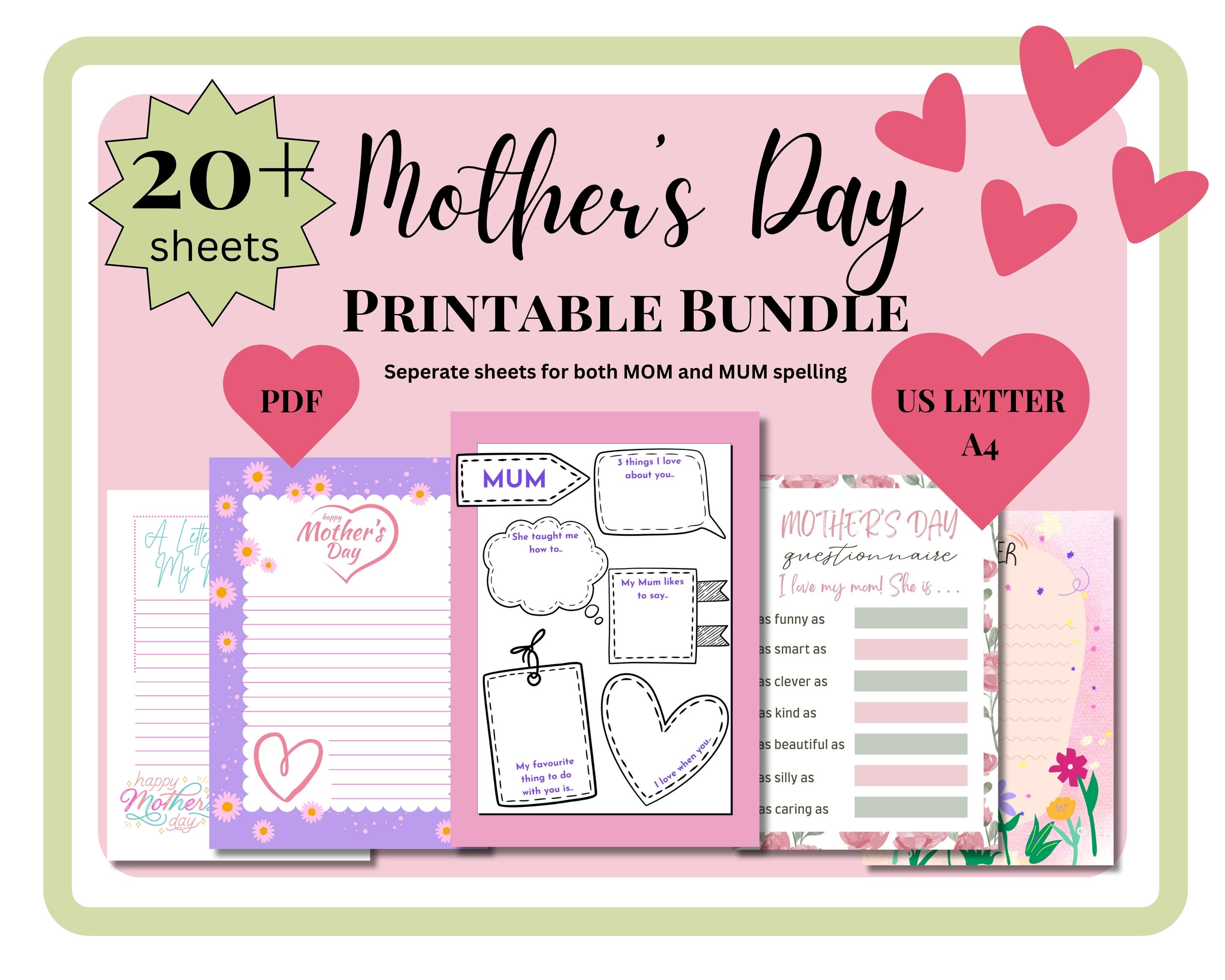 Mother's Day Printable Bundle Mother's Day Question Sheet Mothers Day ...