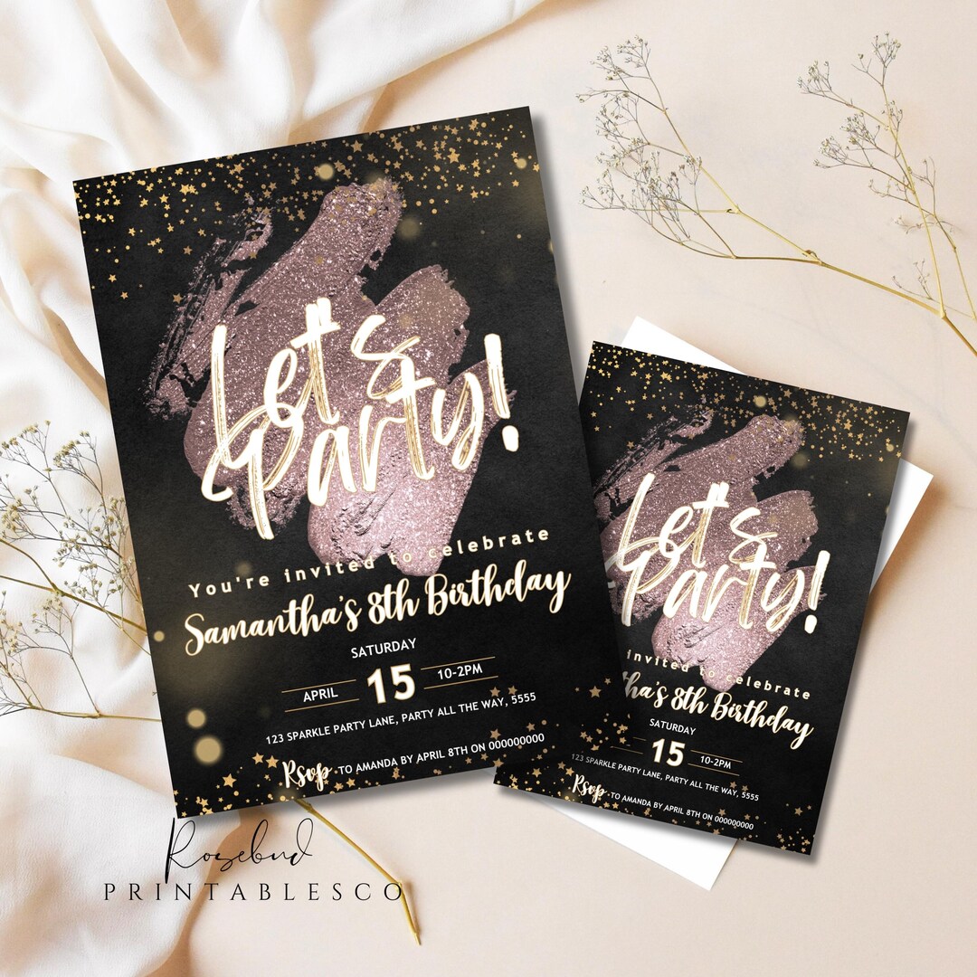 Lets Party Invitation Neon Gold Black and Sparkles Invite Party All ...