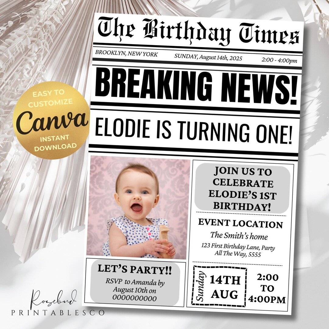 First Birthday Newspaper Invitation With Photo Template, 1st Birthday ...