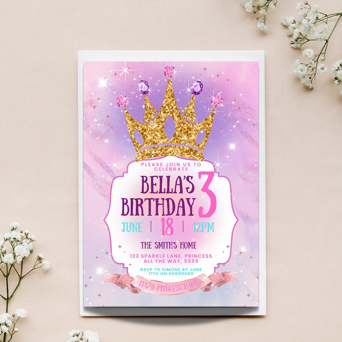 Princess Birthday Invitation Princess Crown Invite Sparkle Gold Crown ...