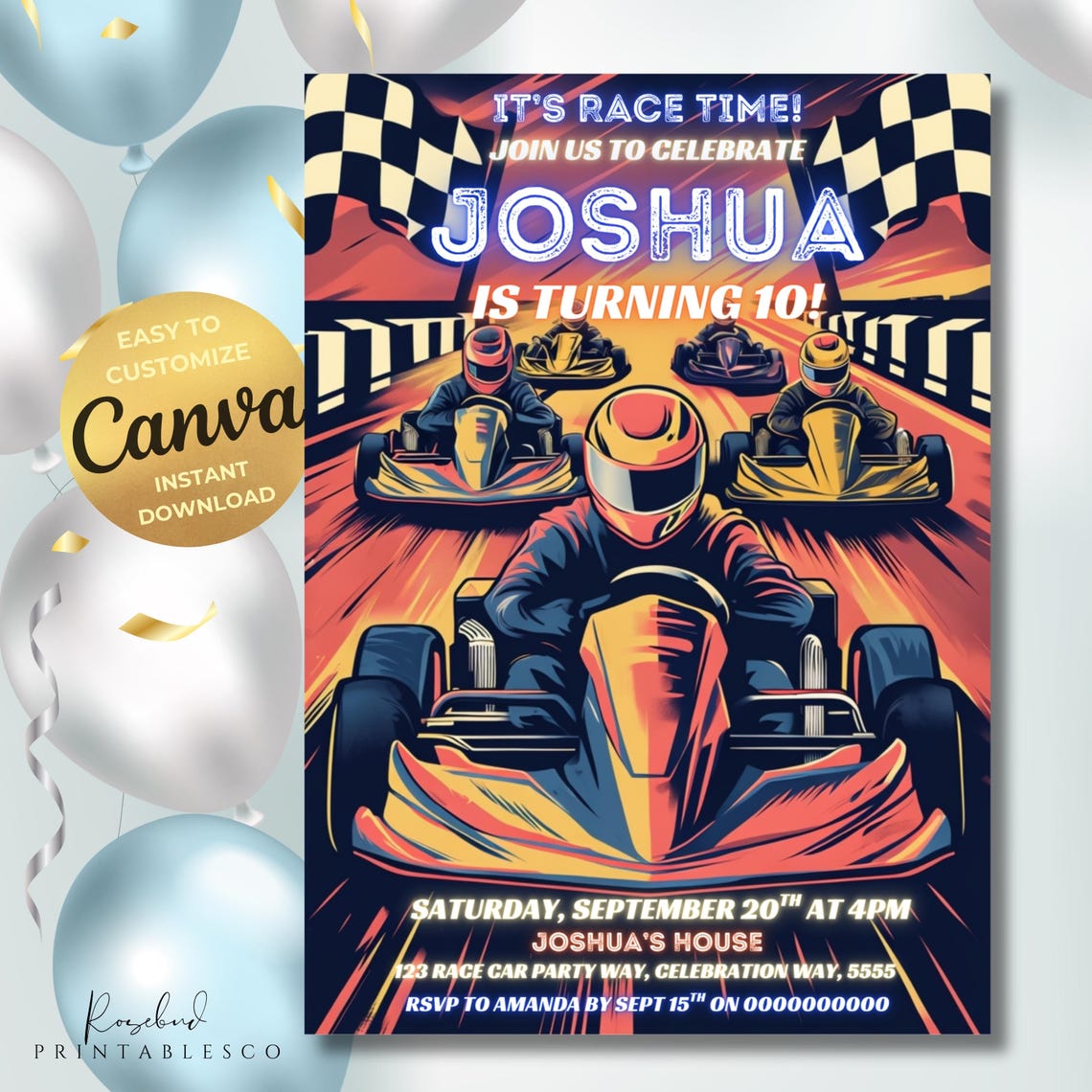 Go Kart Birthday Invitation, Go Kart Party, Karting Invitation, Racing ...