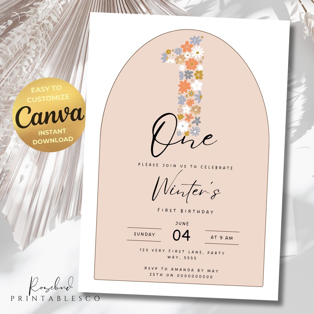 First Birthday Invitation Girl, Floral 1st Birthday Invite, Girls ...