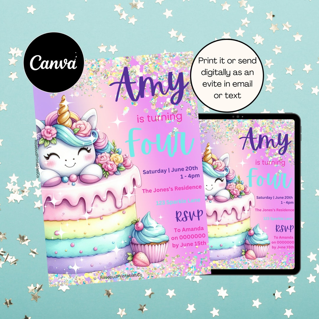 Unicorn Cake Party Invitation Rainbow Unicorn Birthday Invite Pastel ...