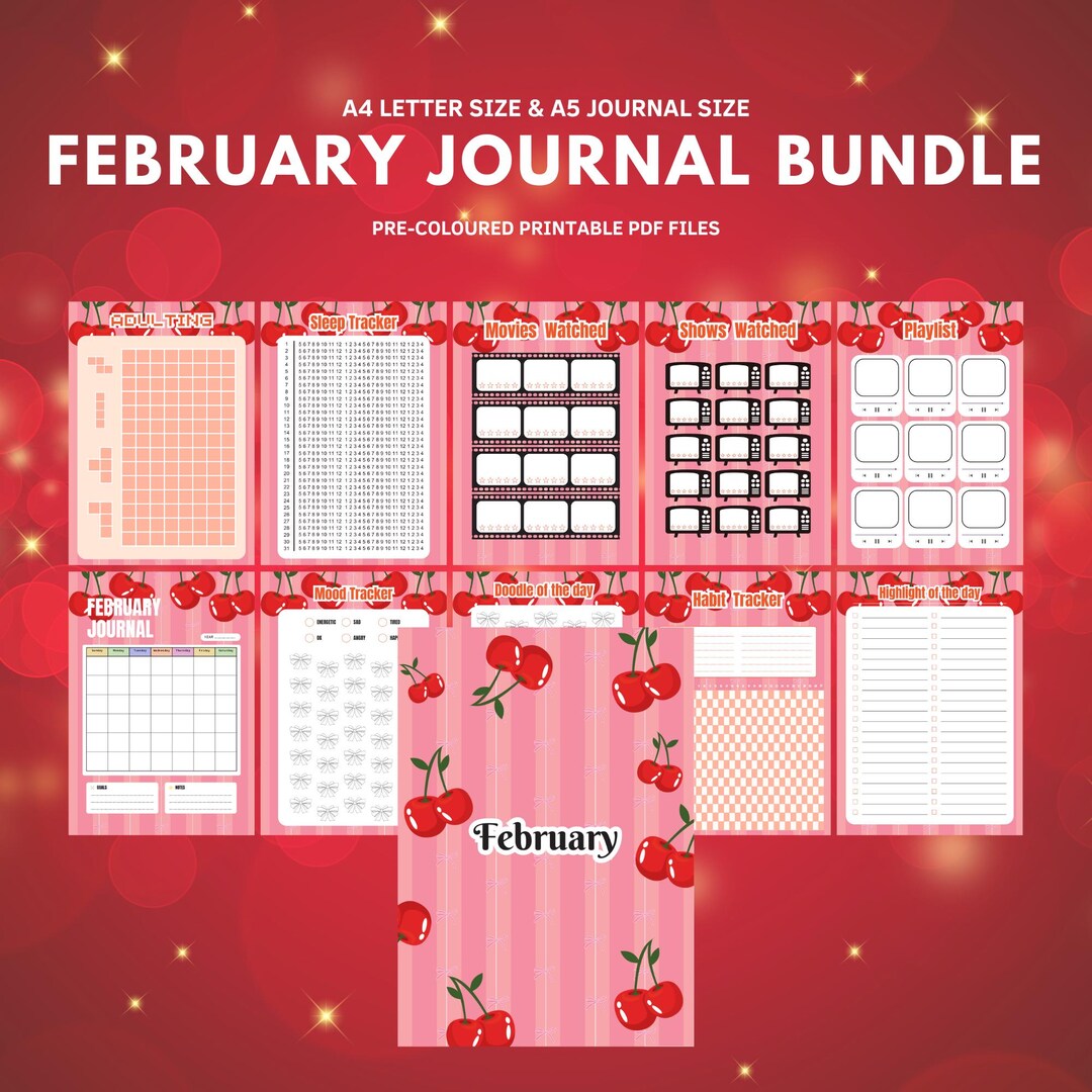February Journal Bundle Bows PRINTABLE Journal Pages PRE-COLOURED Pages ...