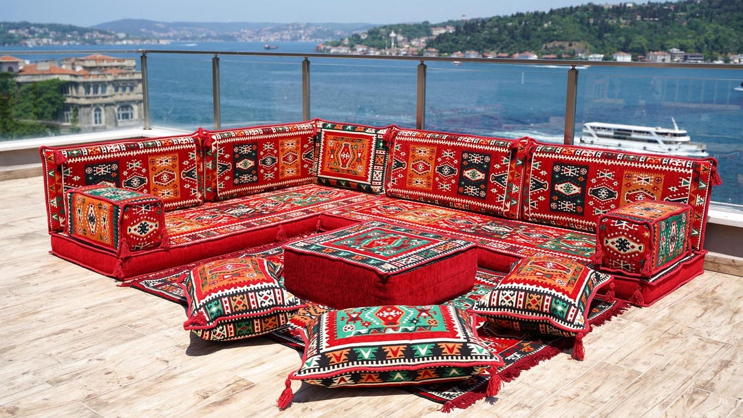 Arabic Majlis Floor Seating Set: Kilim Cushions, Ottoman, and Rug - Etsy